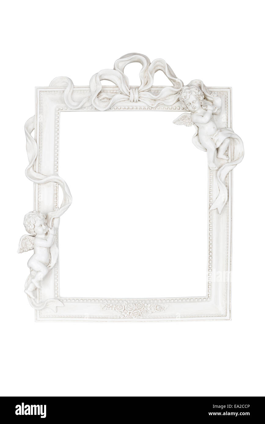White picture frame with angels isolated over white, clipping path ...