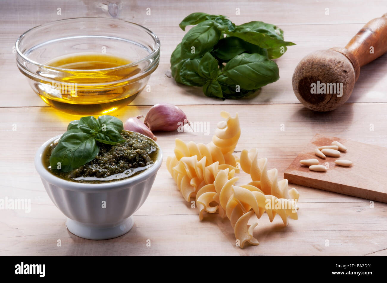 Ingredients for preparing a Genovese pesto with fresh basil, olive oil ...