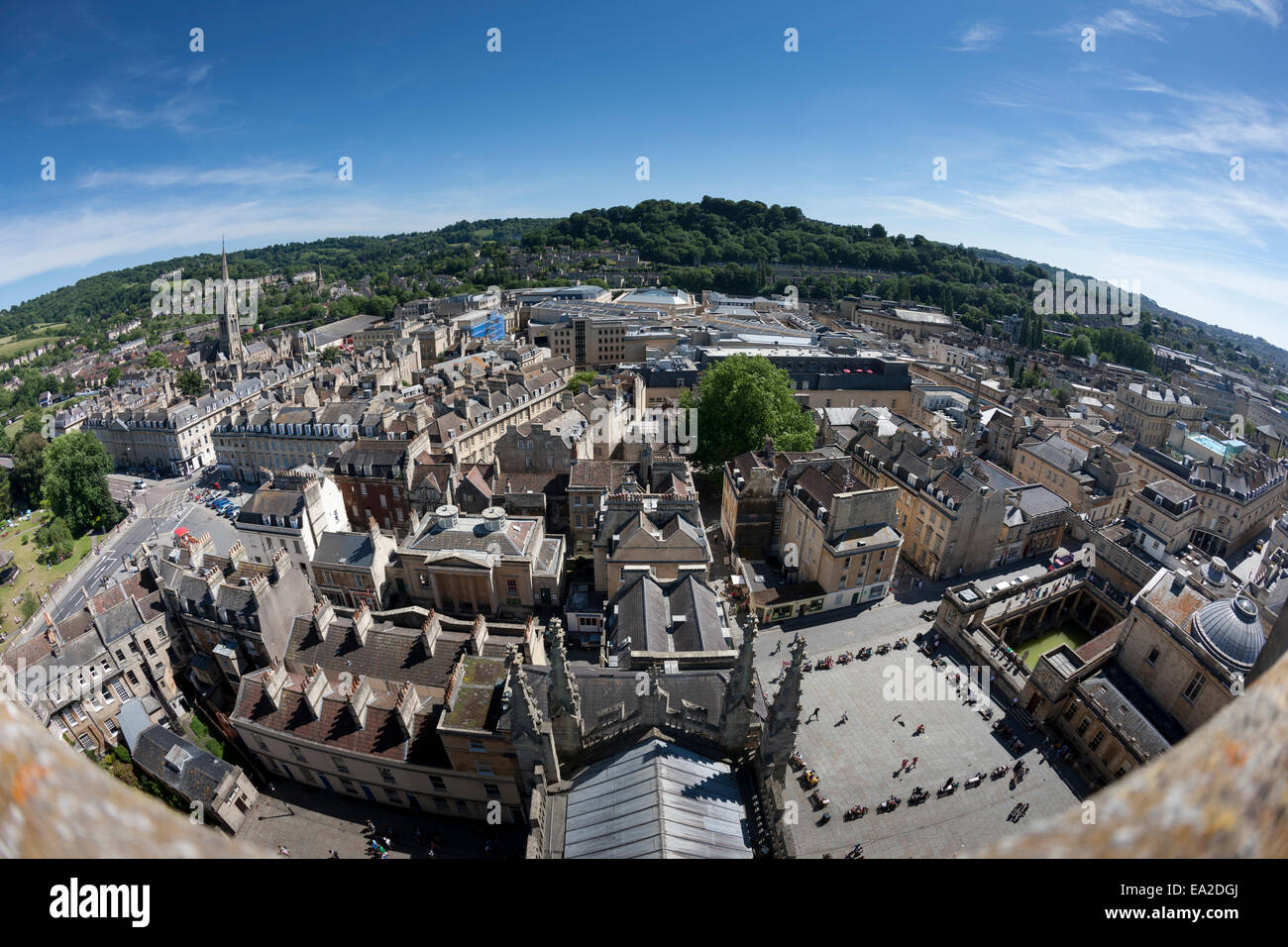 Panoramic view of the city from the tower of Bath Abbey in Bath ...