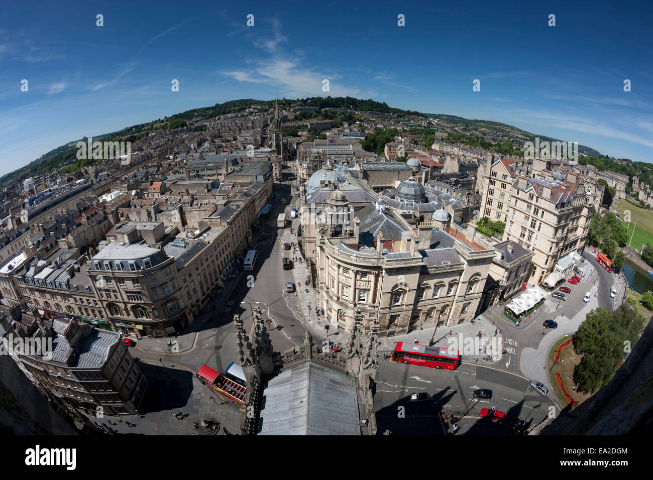 Panoramic view of the city from the tower of Bath Abbey in Bath ...