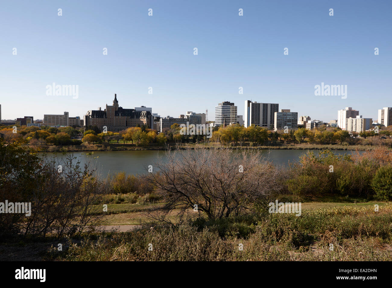 view of downtown saskatoon over the south Saskatchewan river Canada ...