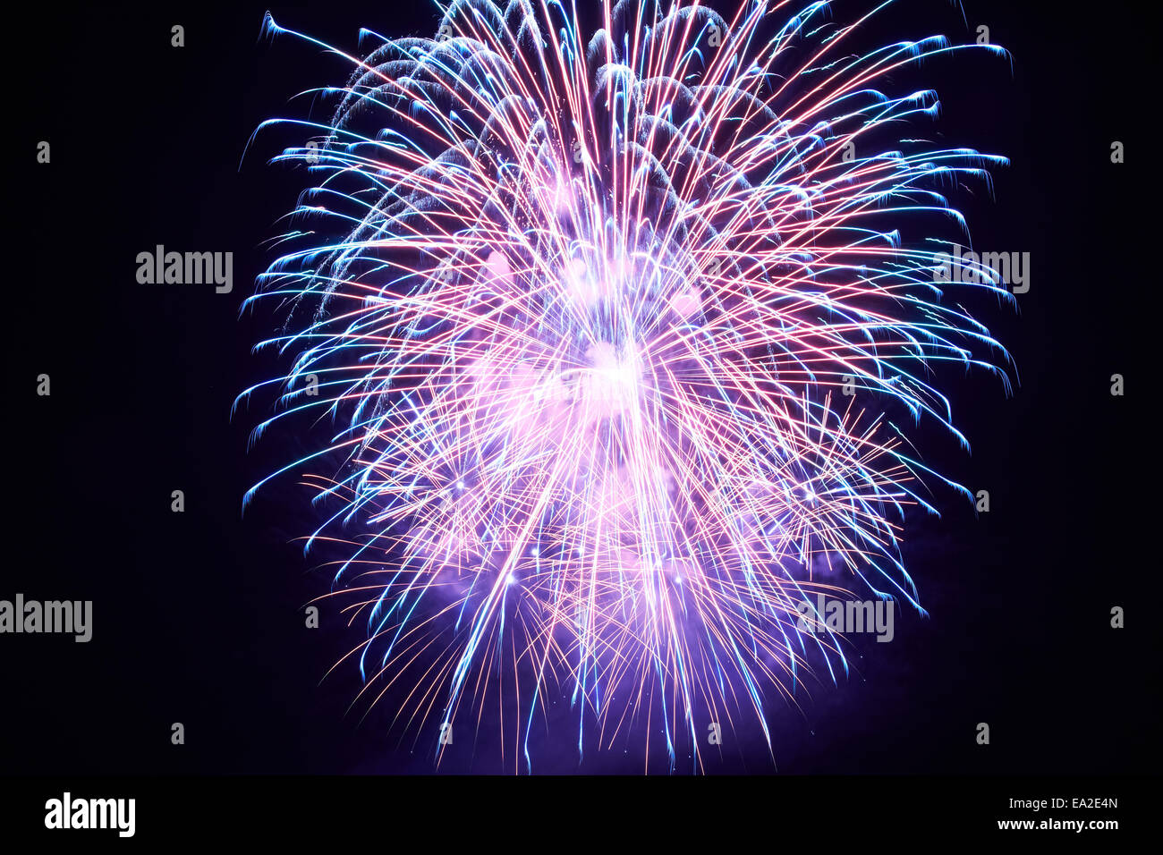 Blue colorful fireworks on the black sky background Stock Photo - Alamy