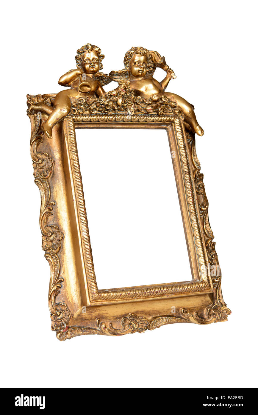 Golden picture frame with angels isolated over white, clipping path ...