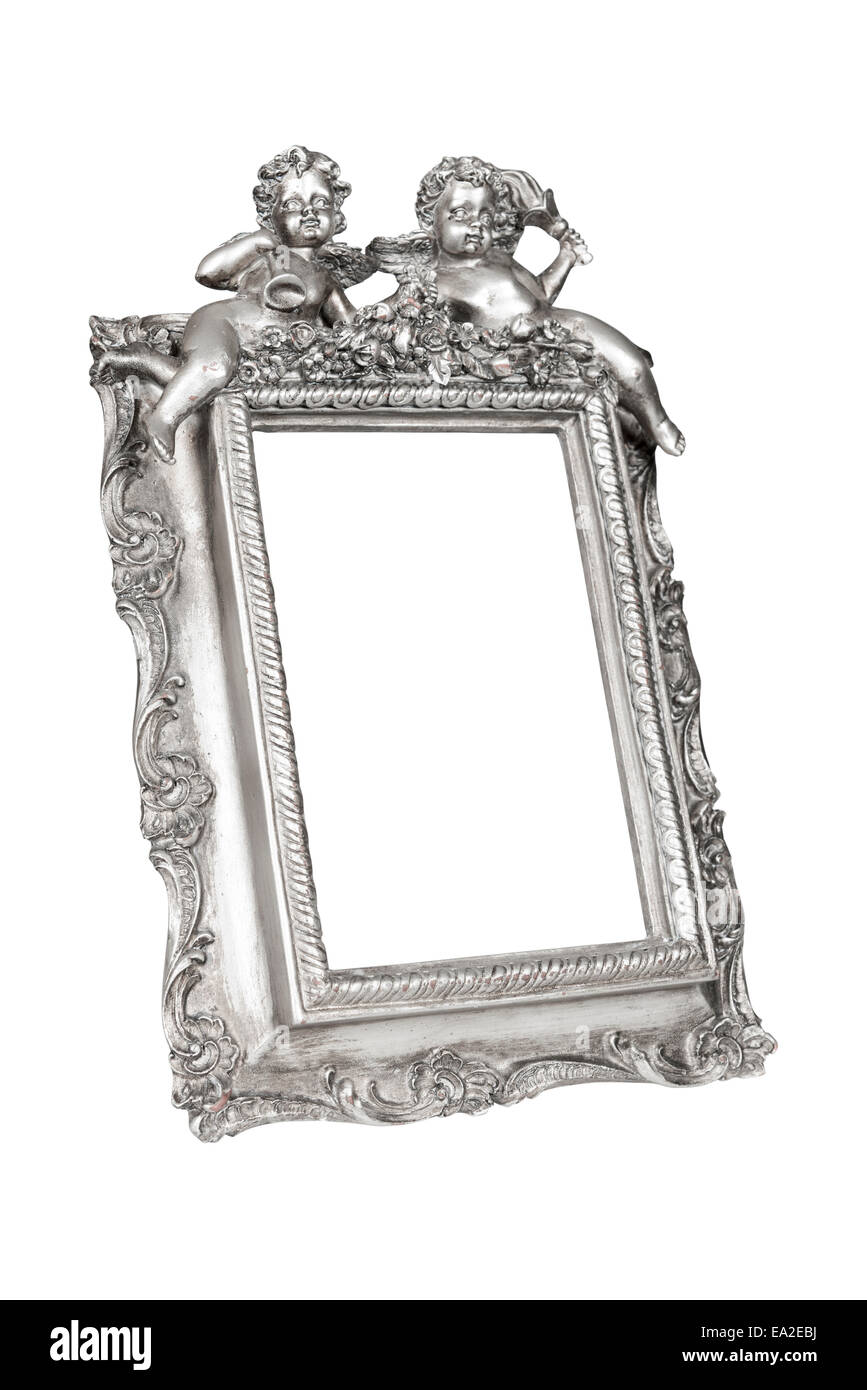 Silver picture frame with angels isolated over white, clipping path ...