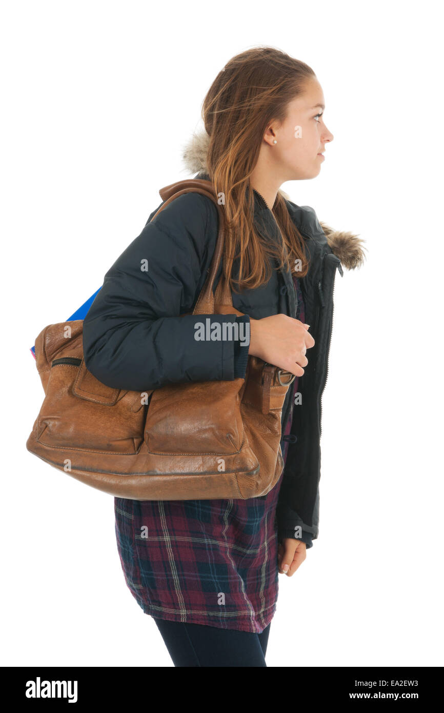 School girl with leather school bag isolated over white background ...