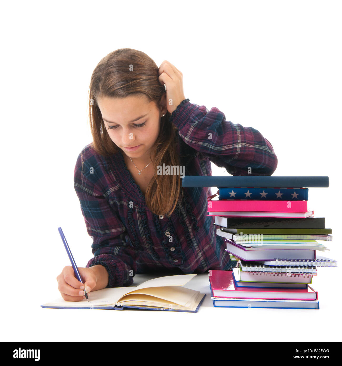 School girl making homework isolated over white background Stock Photo ...