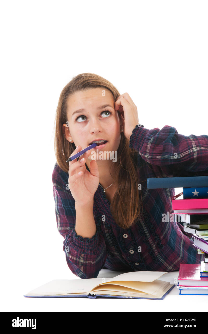 School girl making homework isolated over white background Stock Photo ...