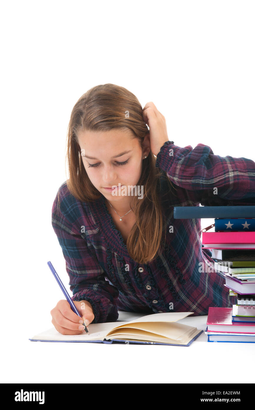 School girl making homework isolated over white background Stock Photo ...