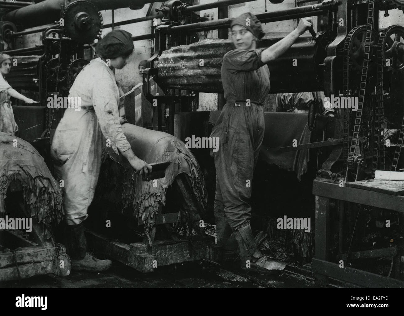 This image depicts British women working in a tannery in Nottingham ...