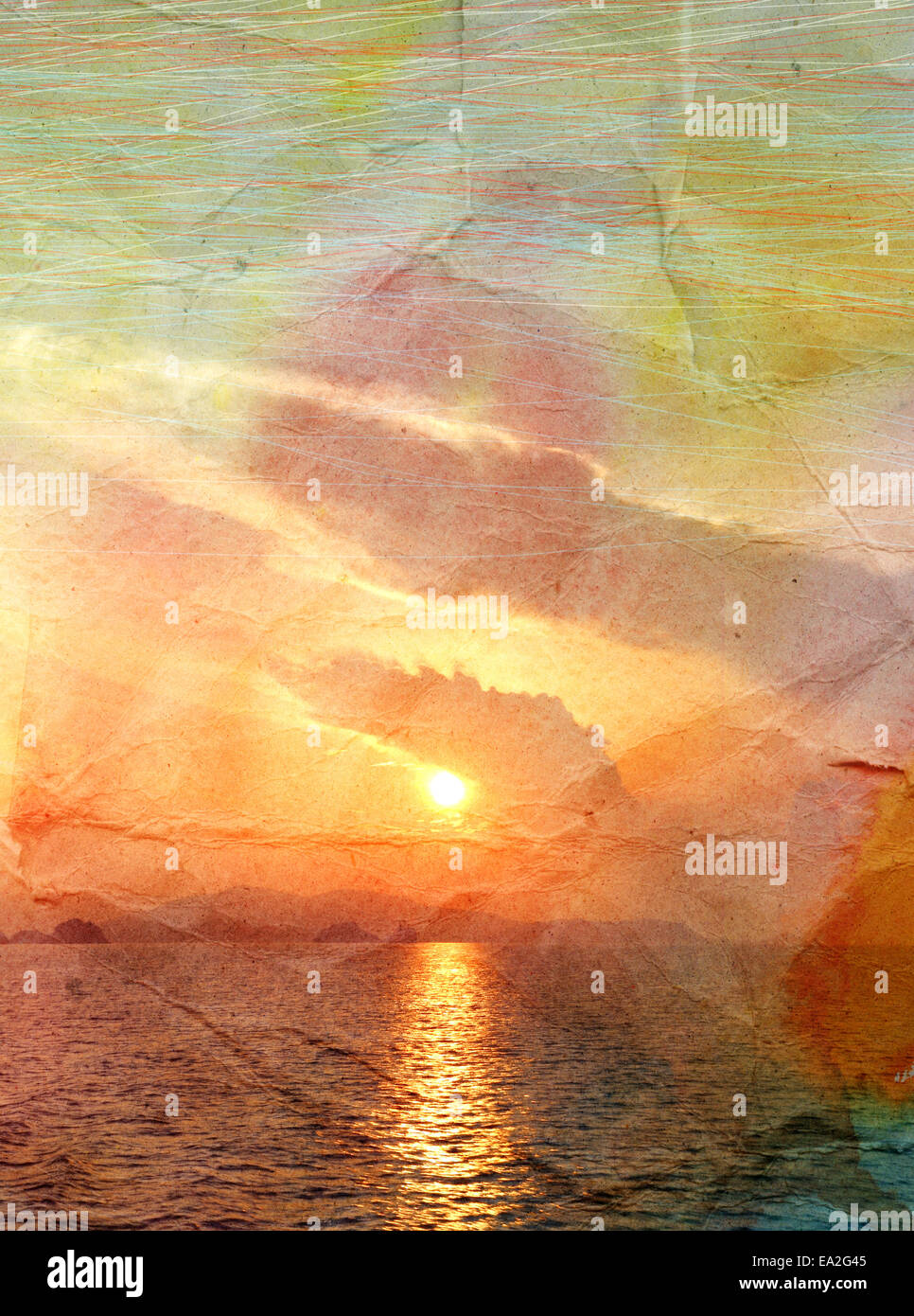 beautiful watercolor retro sea sunset with sun Stock Photo - Alamy