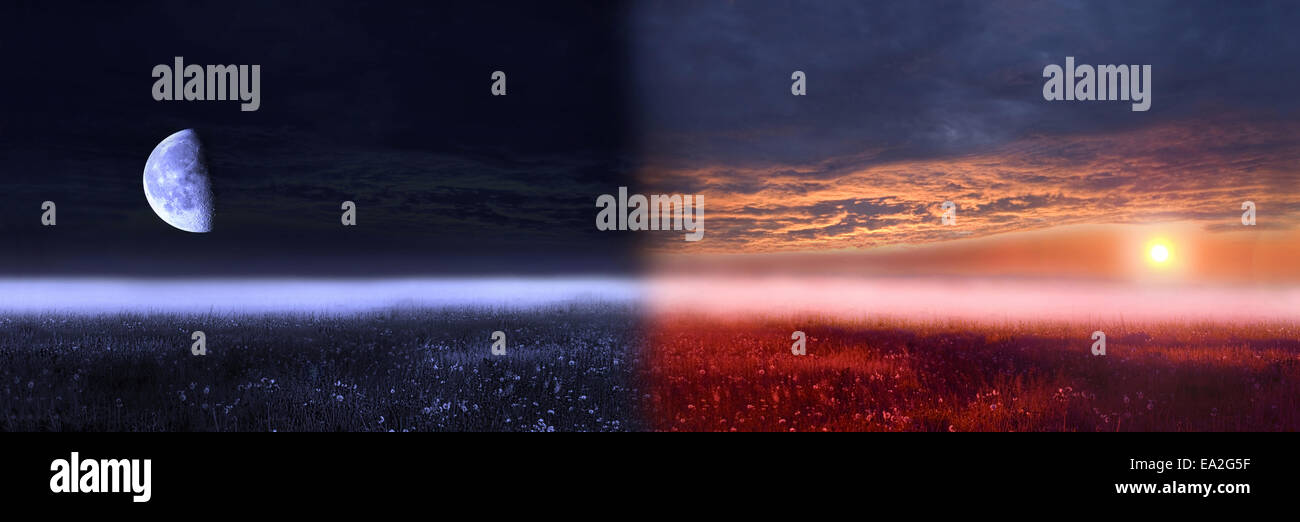 Day and night conceptual image. Field in day and night Stock Photo - Alamy