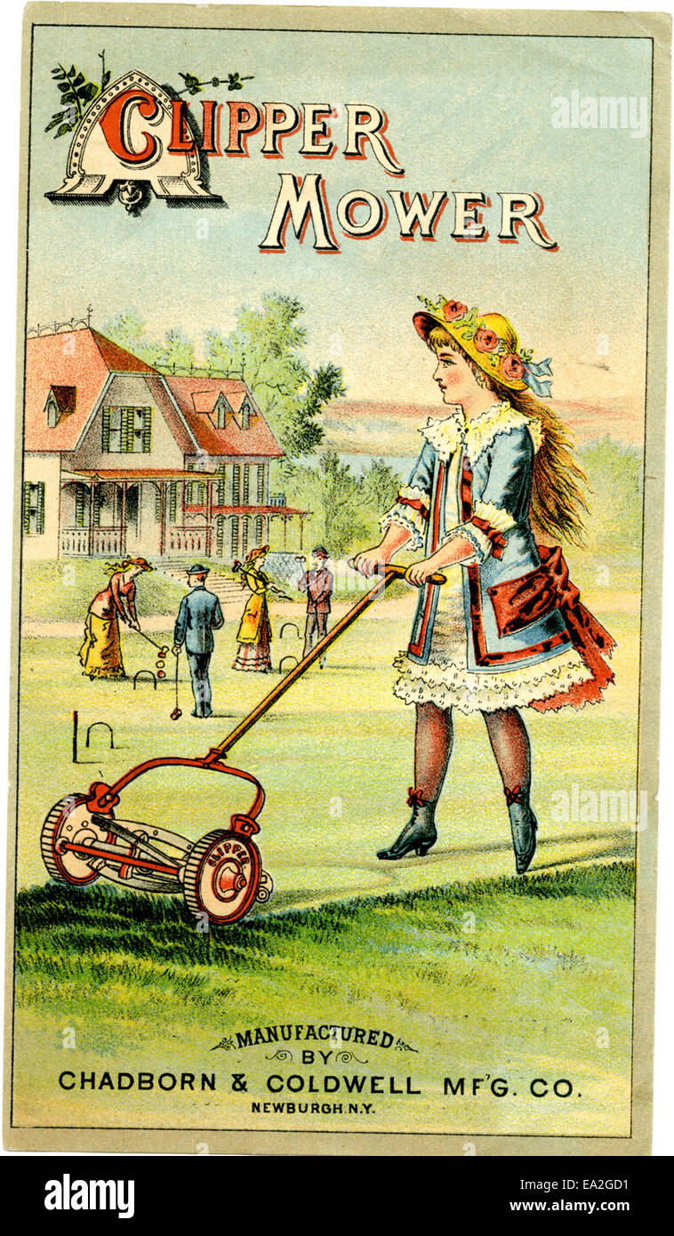 An image of a clipper mower, a historical tool used for mowing grass or ...