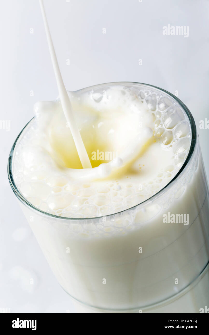 Close up of milk splashing into glass on white background; Calgary ...