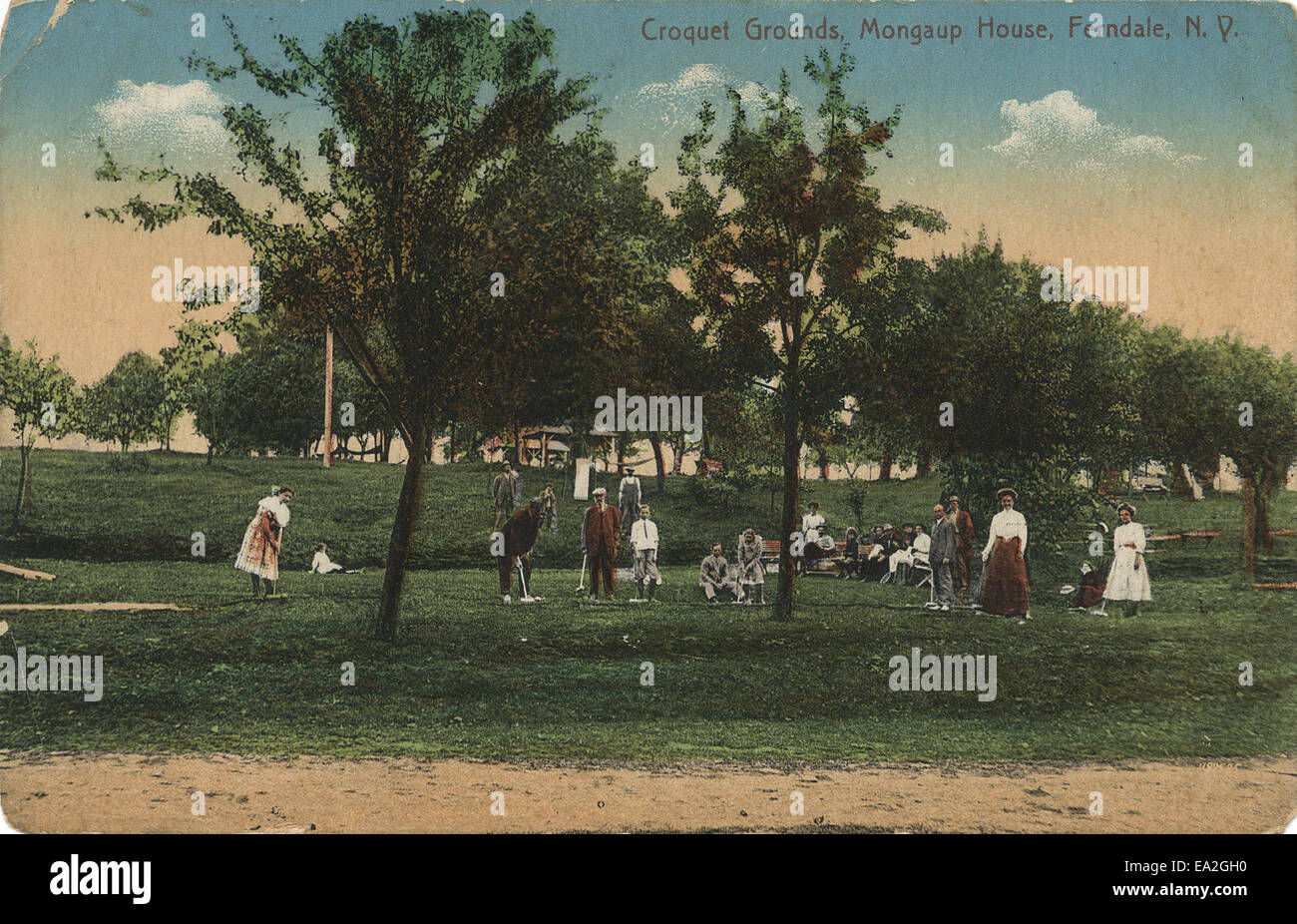 This image depicts a croquet ground, showing the well-maintained grass ...