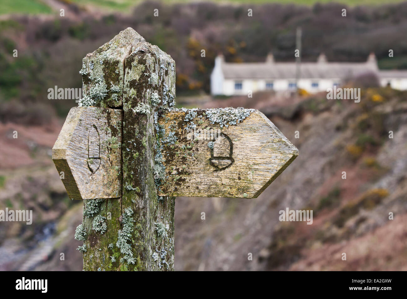 Old signpost at Trefin village on Pembrokeshire Coast Path; Wales Stock ...