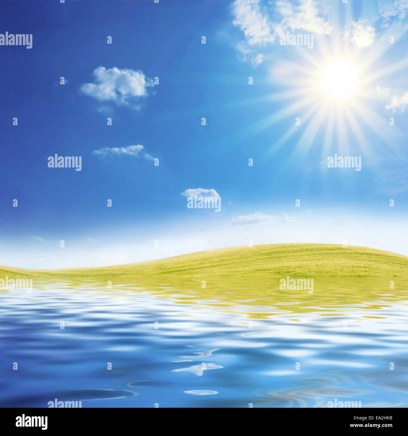 Rural landscape. Bright sun over the water Stock Photo - Alamy