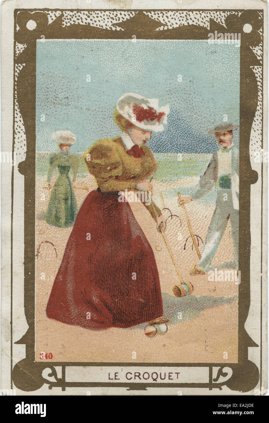 A scene depicting a game of croquet on a beach, showing people engaging ...