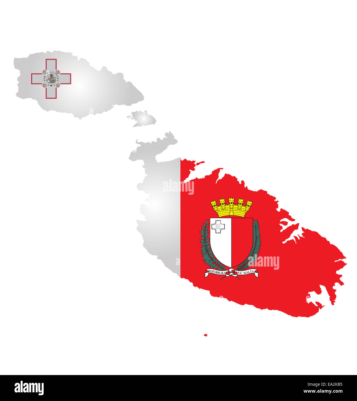 Flag and coat of arms of the Republic of Malta overlaid on outline map ...