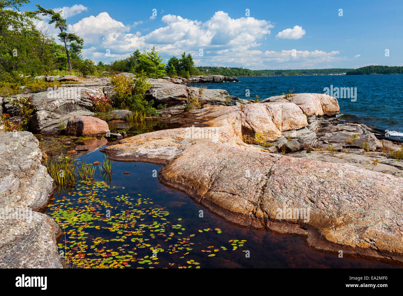 Rock formations at rocky lake shore of Georgian Bay near Parry Sound ...