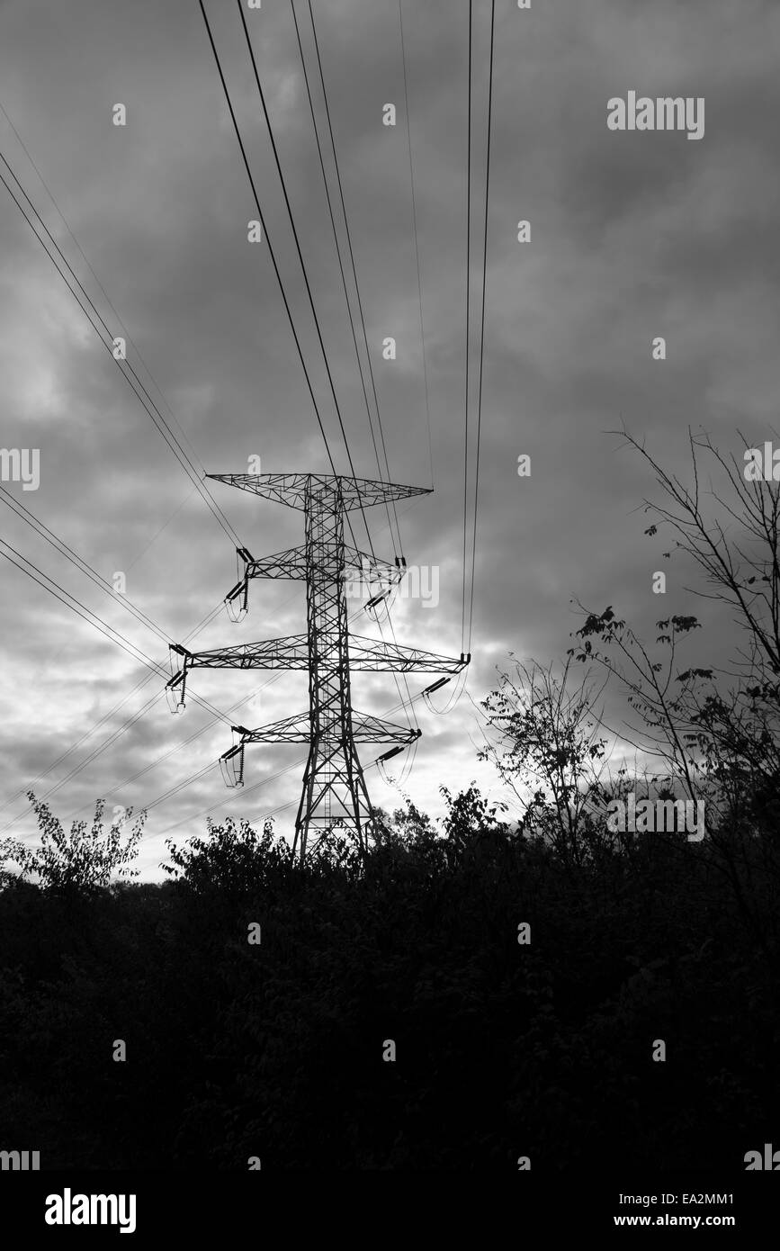 High voltage power line towers Black and White Stock Photos & Images ...