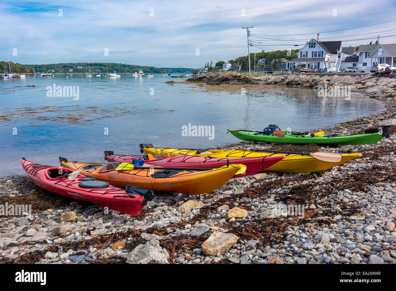 kayaks ready for launch in bay at Ocean Point, Maine Stock Photo - Alamy