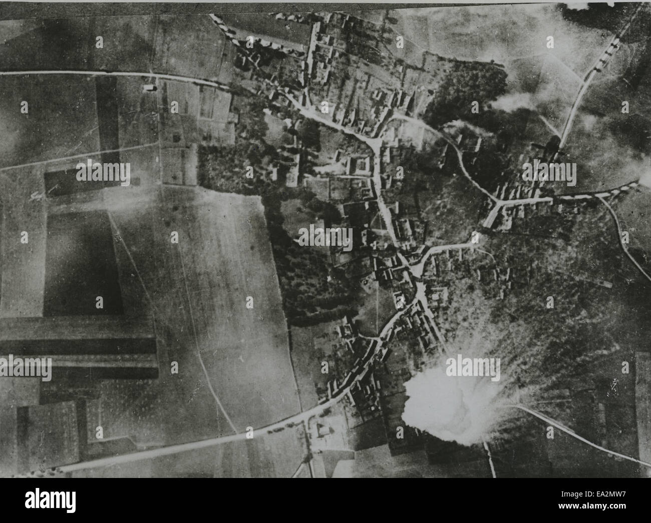 A Royal Air Force aerial photograph showing a heavy bomb explosion ...