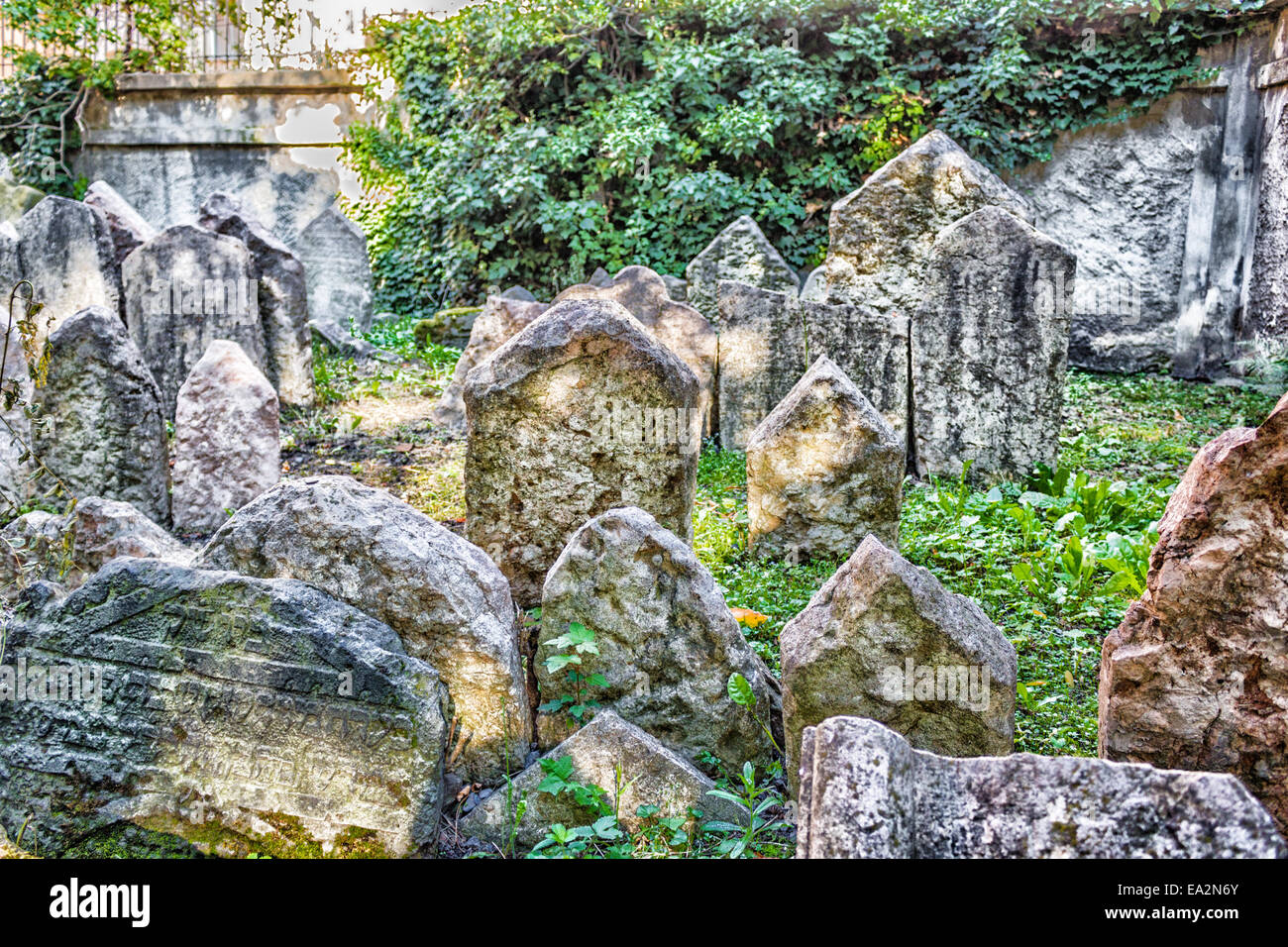 Grey crowded tombstones in the Old Jewish Cemetery in Prague Stock ...