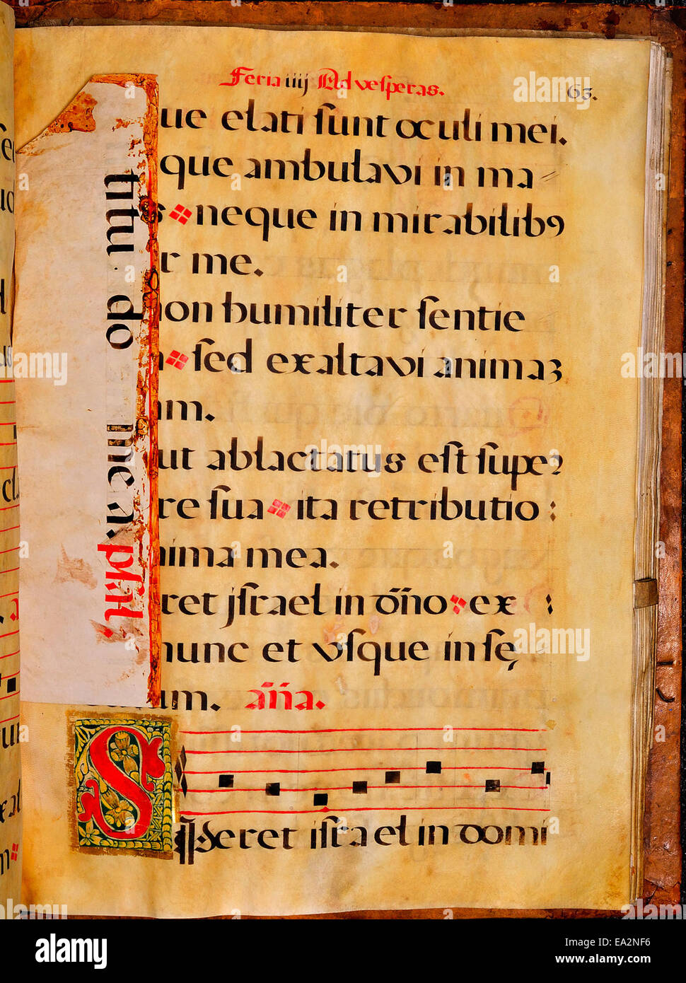 This page from a Spanish Chant manuscript features a detailed musical ...