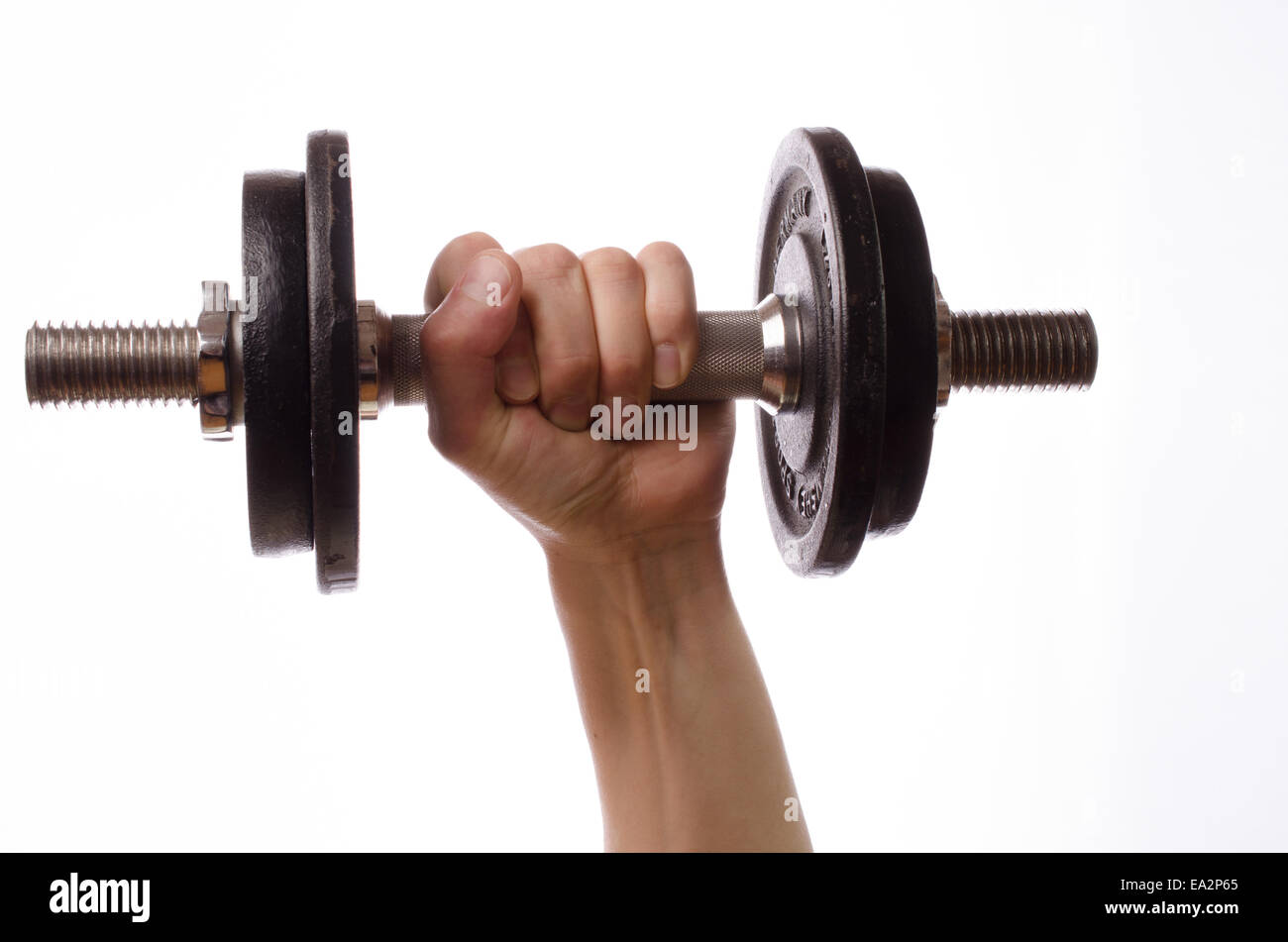 Hand with a dumbbell on a white background Stock Photo - Alamy