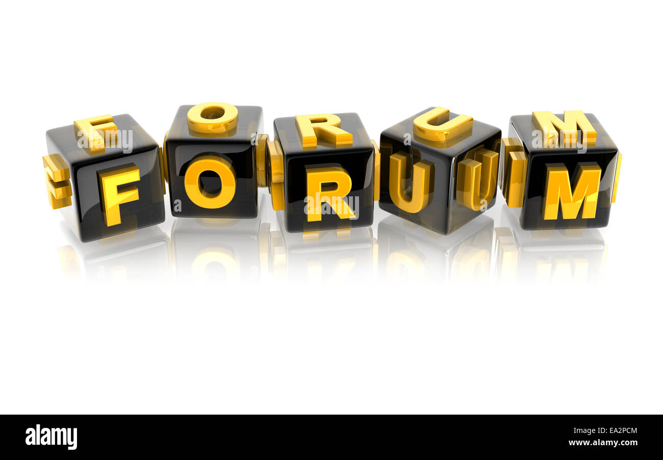 yellow 3d text FORUM on reflective black cubes Stock Photo - Alamy