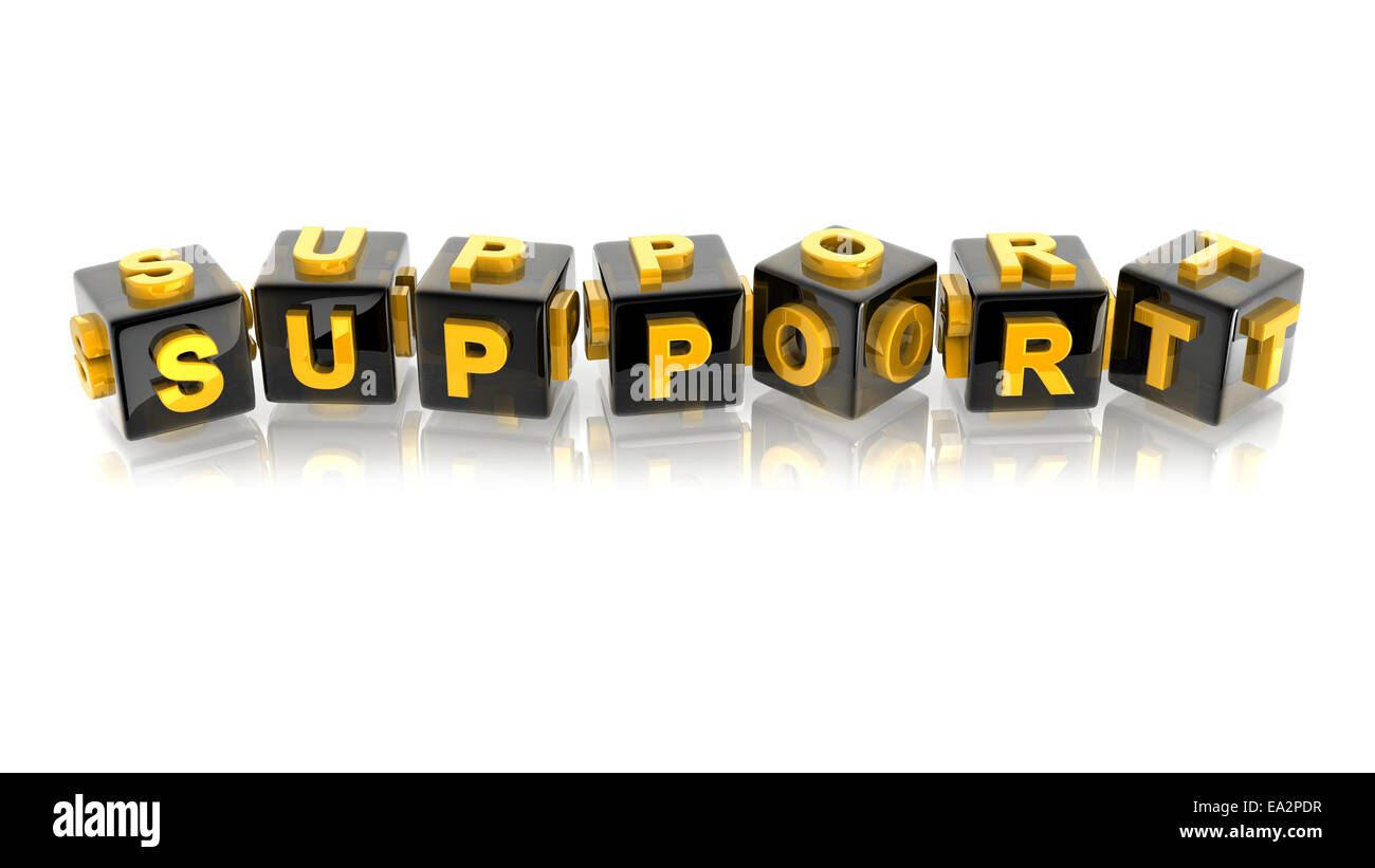 yellow 3d text SUPPORT on reflective black cubes Stock Photo - Alamy