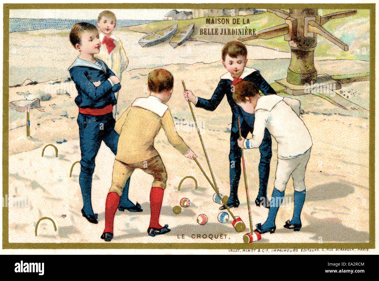 Advertising card depicting boys playing croquet Stock Photo - Alamy