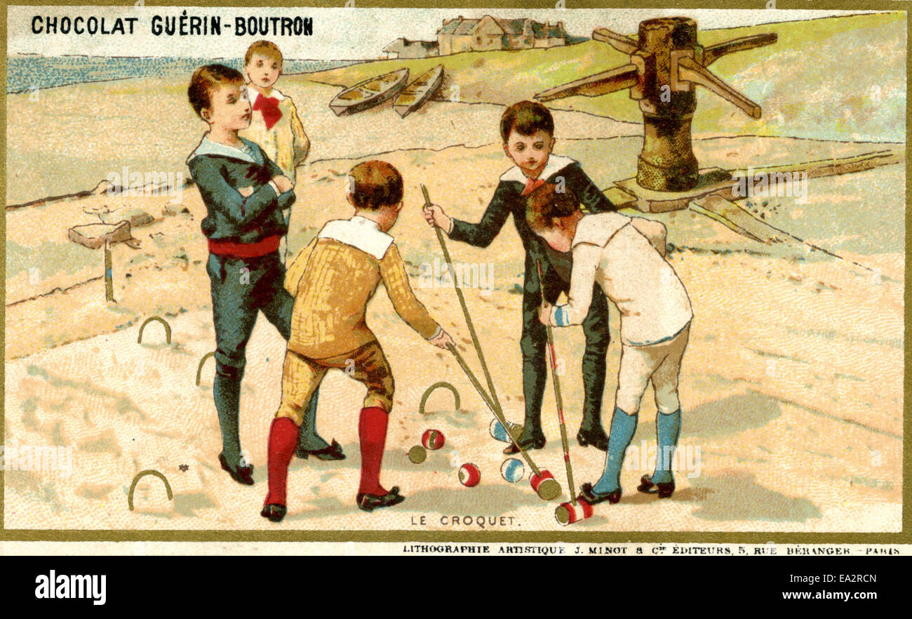 This 19th-century advertising card depicts boys playing croquet, a ...