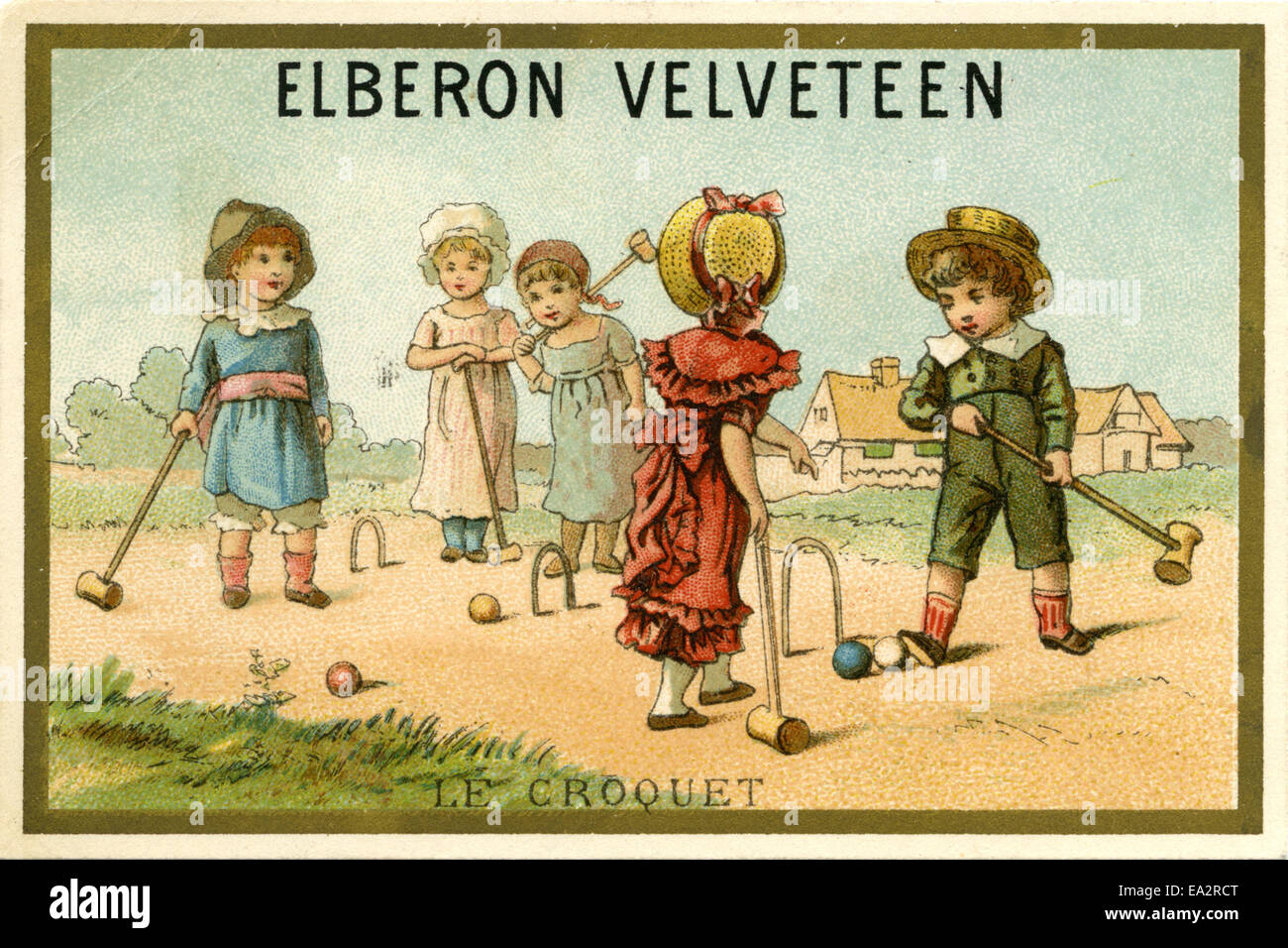 Advertising card depicting children playing croquet on the sand Stock ...