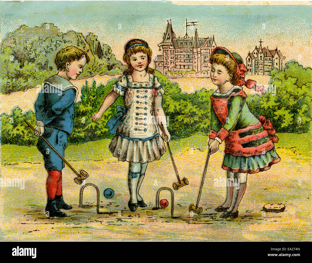 This vintage card shows children playing croquet, a popular lawn game ...