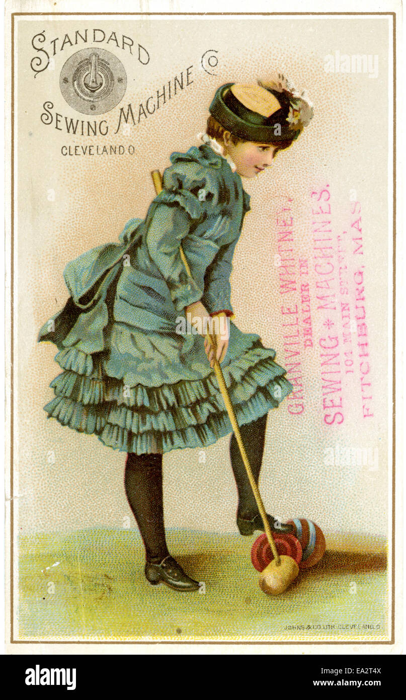 This card illustrates a young girl playing croquet, a popular Victorian ...