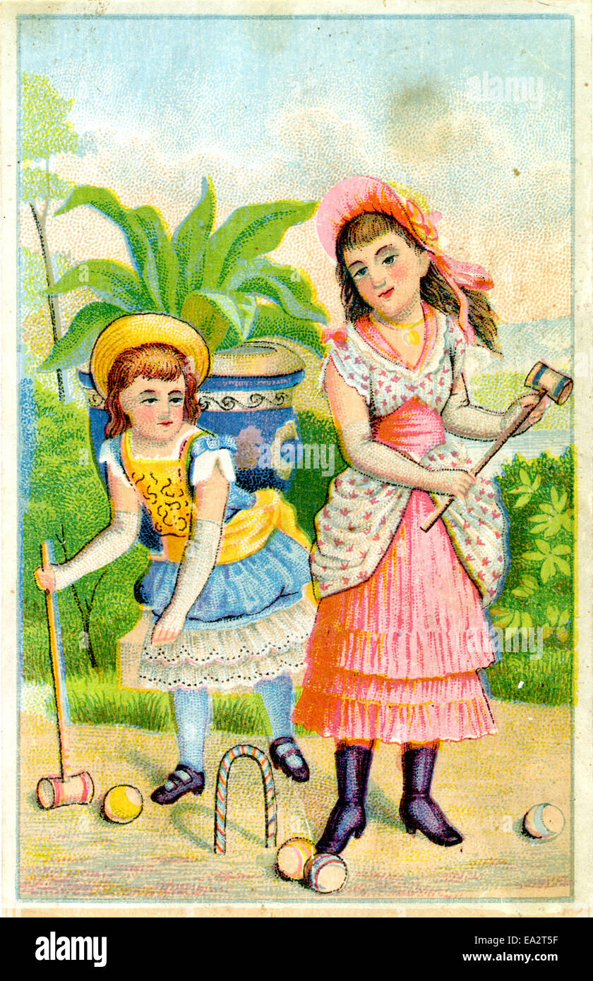 Card depicting two girls playing croquet Stock Photo - Alamy