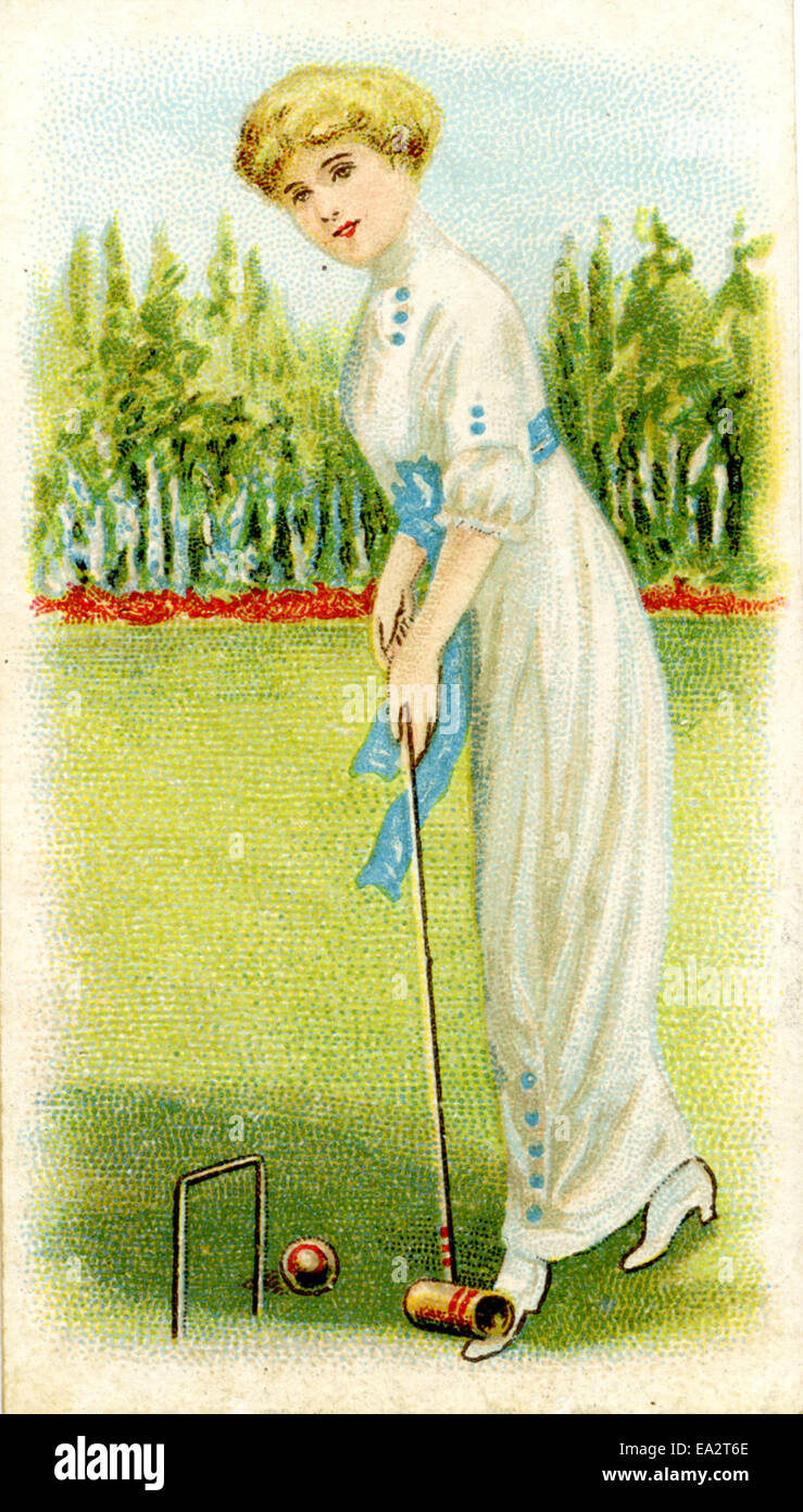 This cigarette card illustration depicts a woman playing croquet, a ...