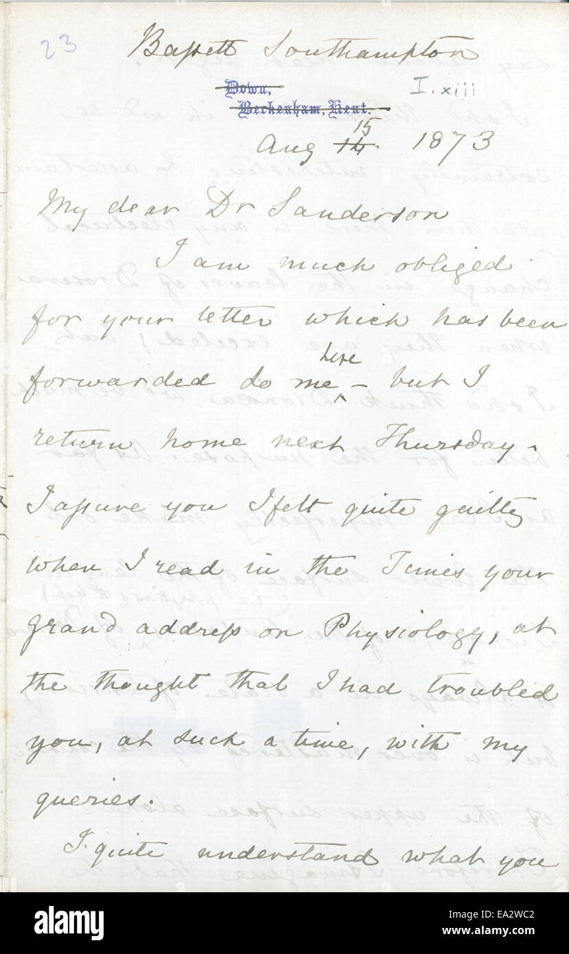 Letter from Charles R. Darwin to John Burdon-Sanderson, dated August 15 ...