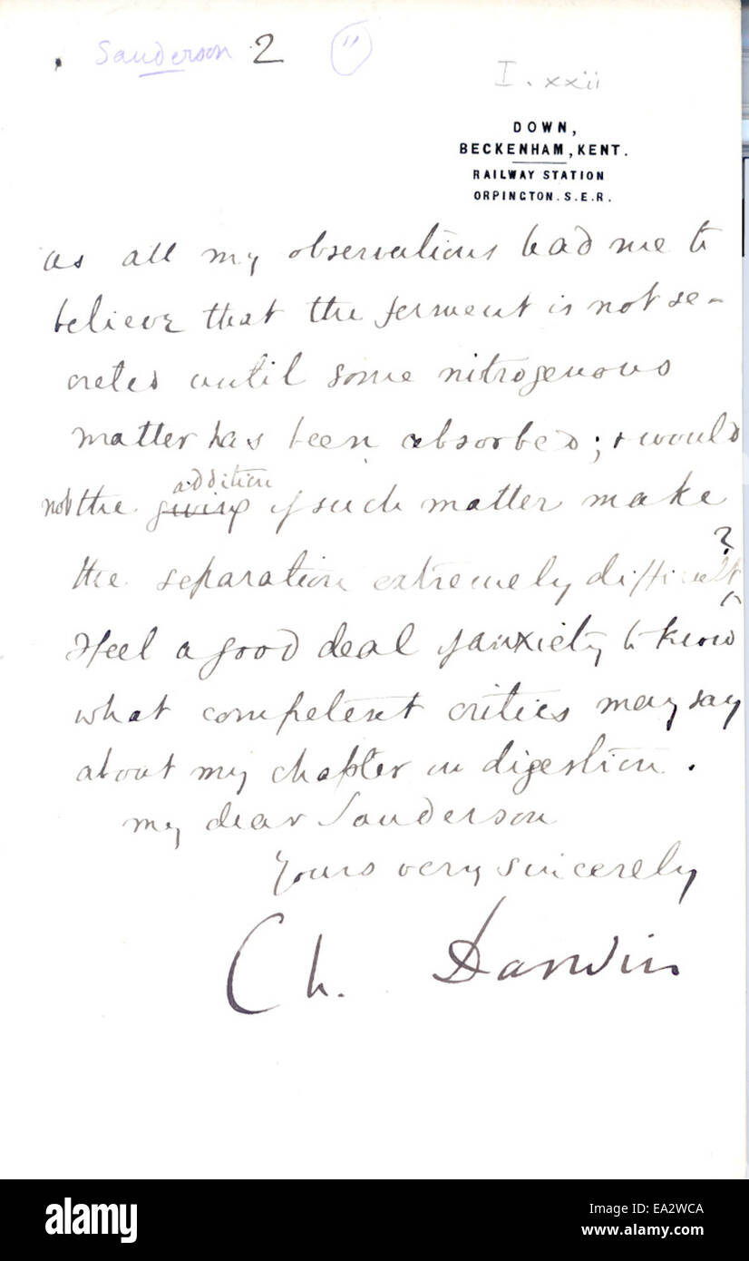 A letter from Charles Darwin to John Burdon-Sanderson, dated July 16 ...