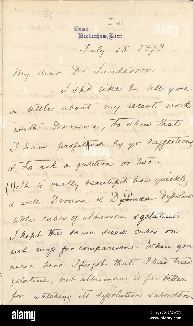 A letter written by Charles Darwin to John Burdon-Sanderson on July 25 ...