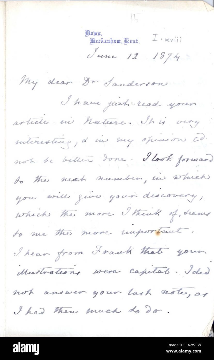 A letter from Charles Darwin to John Burdon-Sanderson, dated June 12 ...