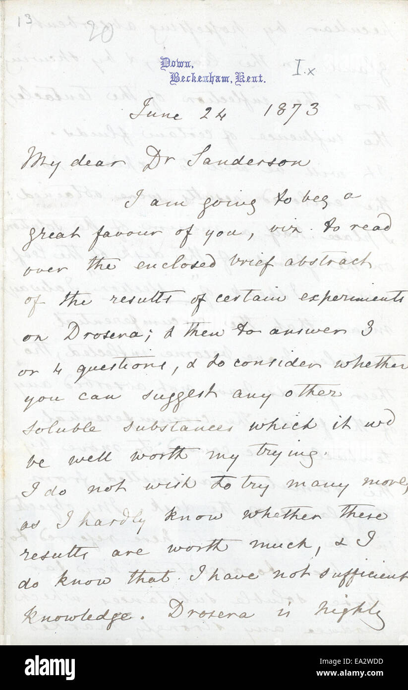 This letter, written by Charles Darwin to John Burdon-Sanderson on June ...