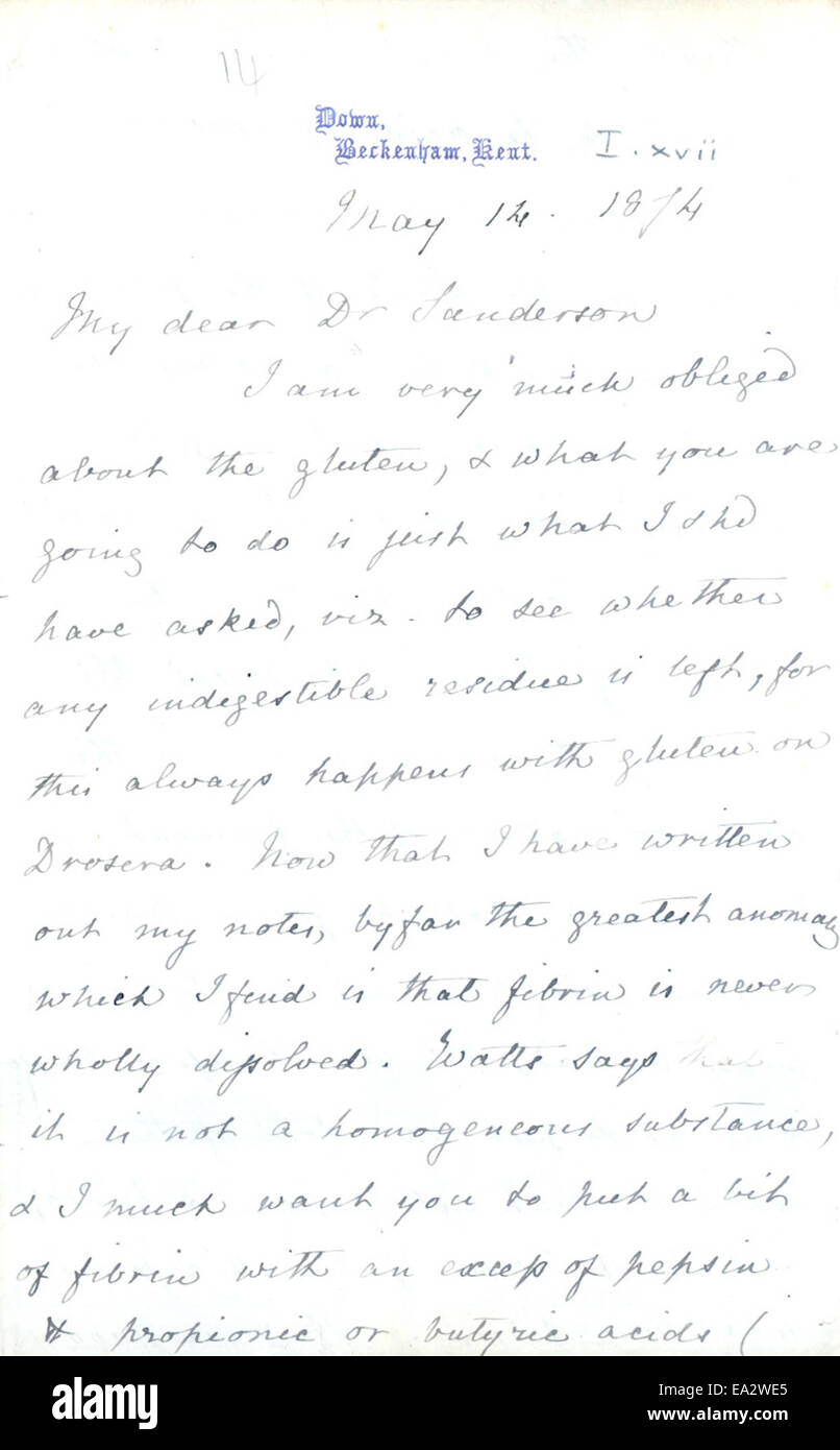 This letter from Charles Darwin to John Burdon-Sanderson, dated May 14 ...
