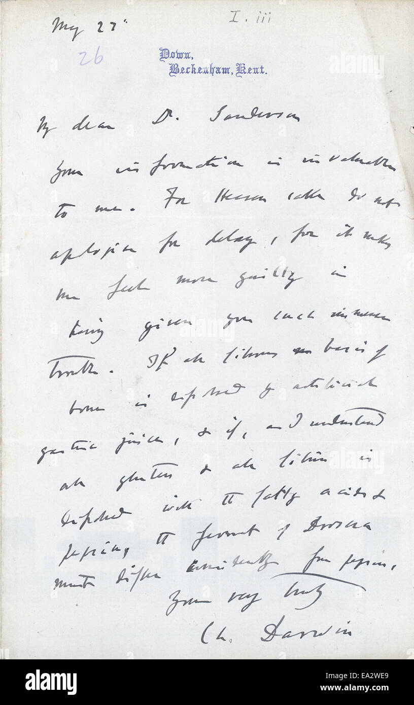 A letter from Charles R. Darwin to John Burdon-Sanderson, dated May 27 ...