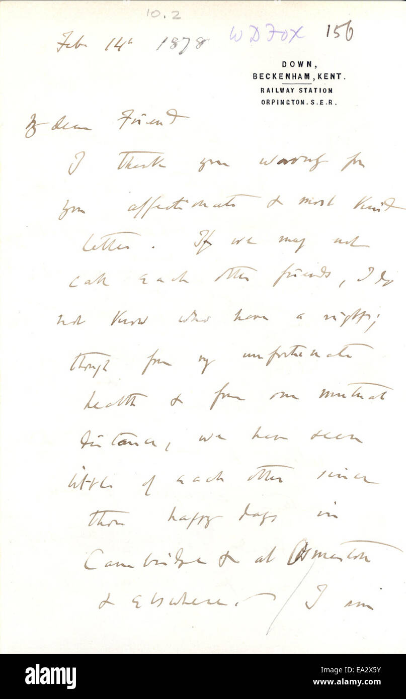 This letter, dated February 14, 1878, was written by Charles Darwin to ...