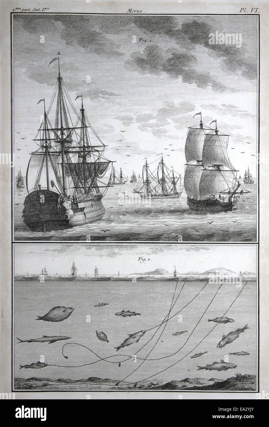 This artwork depicts ships engaged in cod fishing in the Grand Banks ...