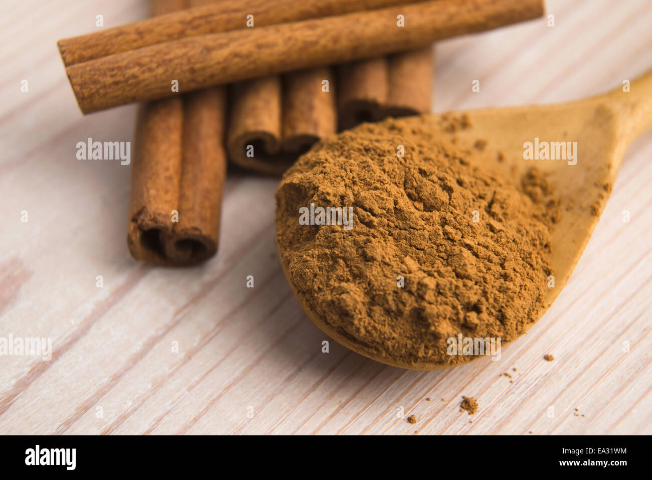 Cinnamon, whole sticks behind wooden spoon with a heap of powder Stock ...