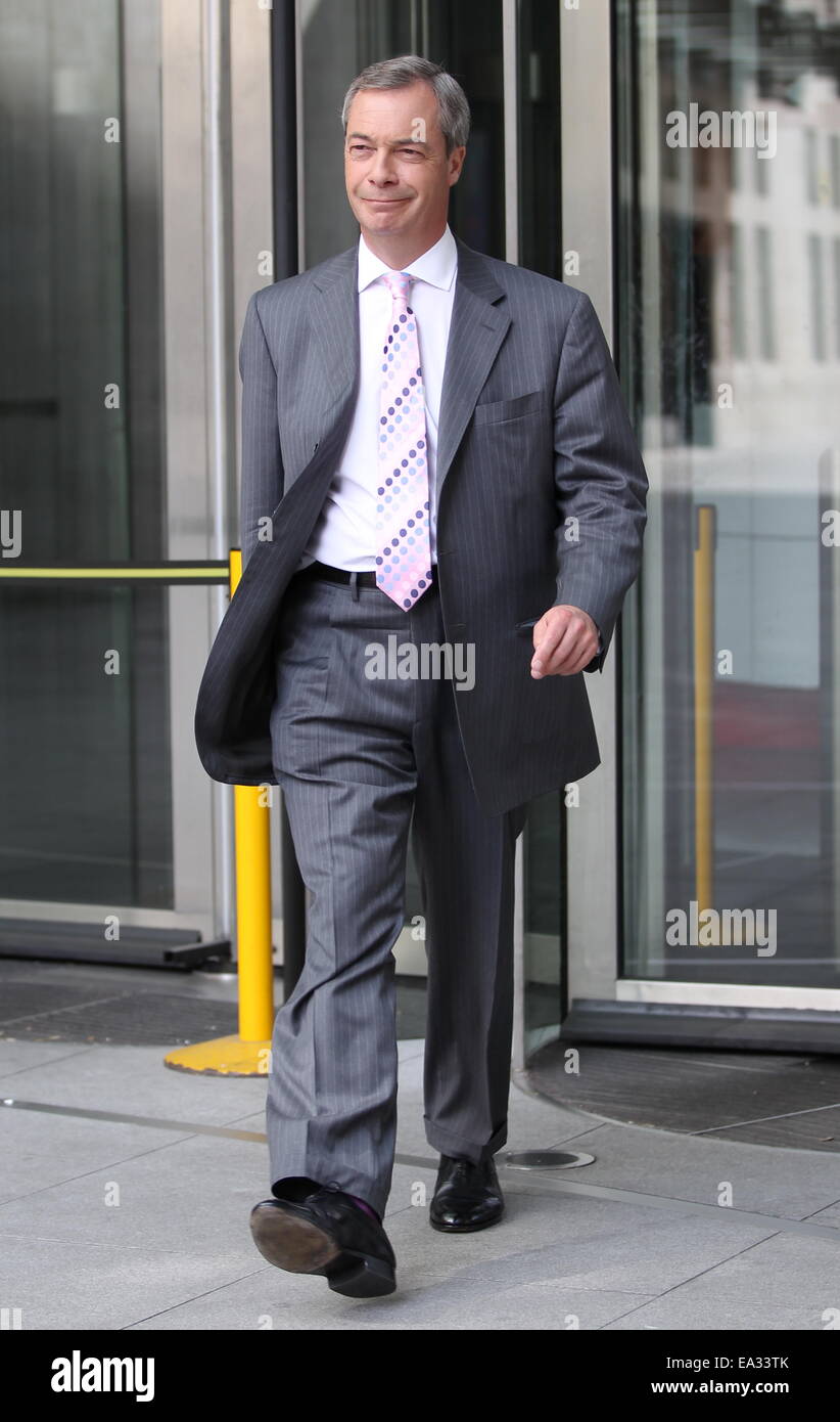 Nigel Farage leaving BBC House after The Andrew Marr Show. Featuring ...