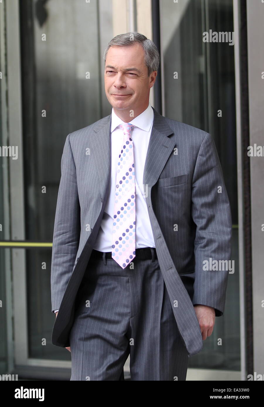 Nigel Farage leaving BBC House after The Andrew Marr Show. Featuring ...